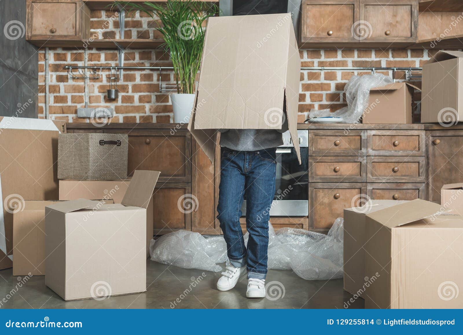 Cute Little Boy Playing with Cardboard Box Stock Photo - Image of child ...
