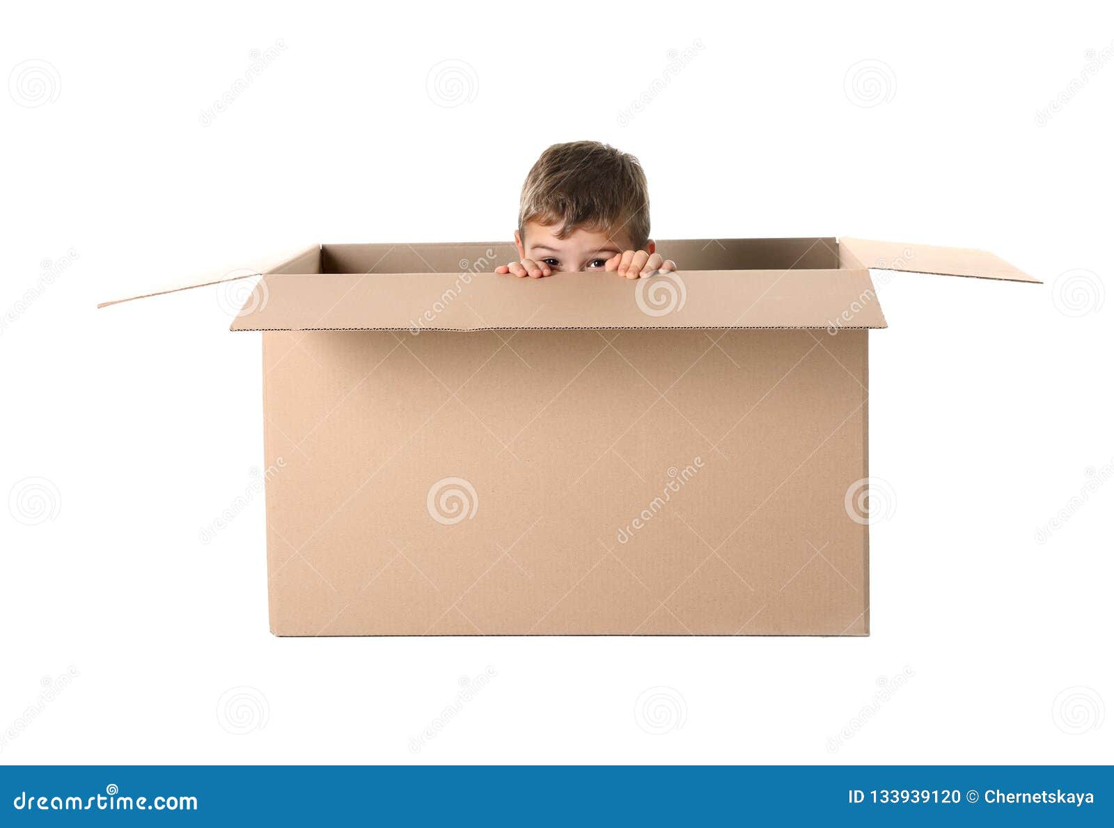 Cute Little Boy Playing with Cardboard Box Stock Photo - Image of ...