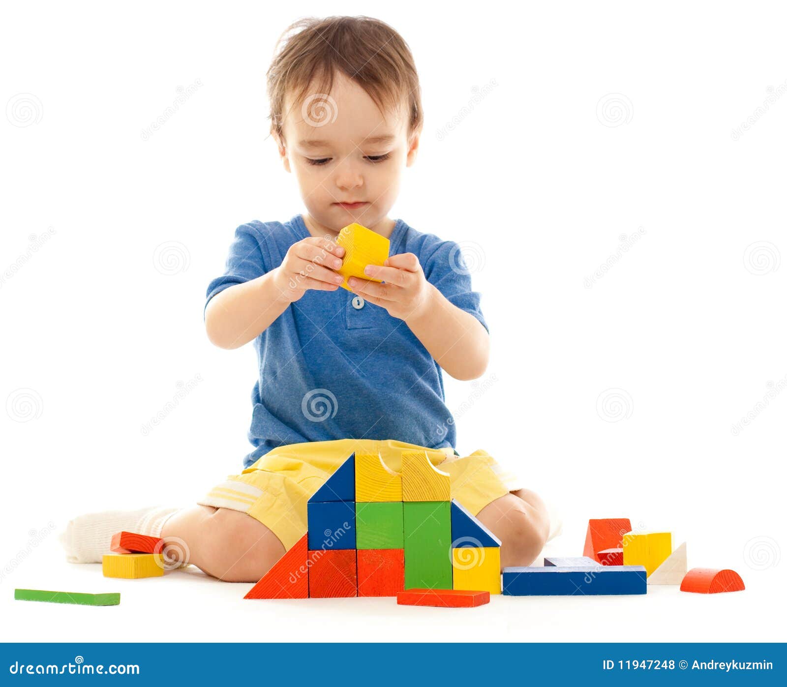 Cute Little Boy is Playing with Colorful Blocks Stock Photo - Image of ...