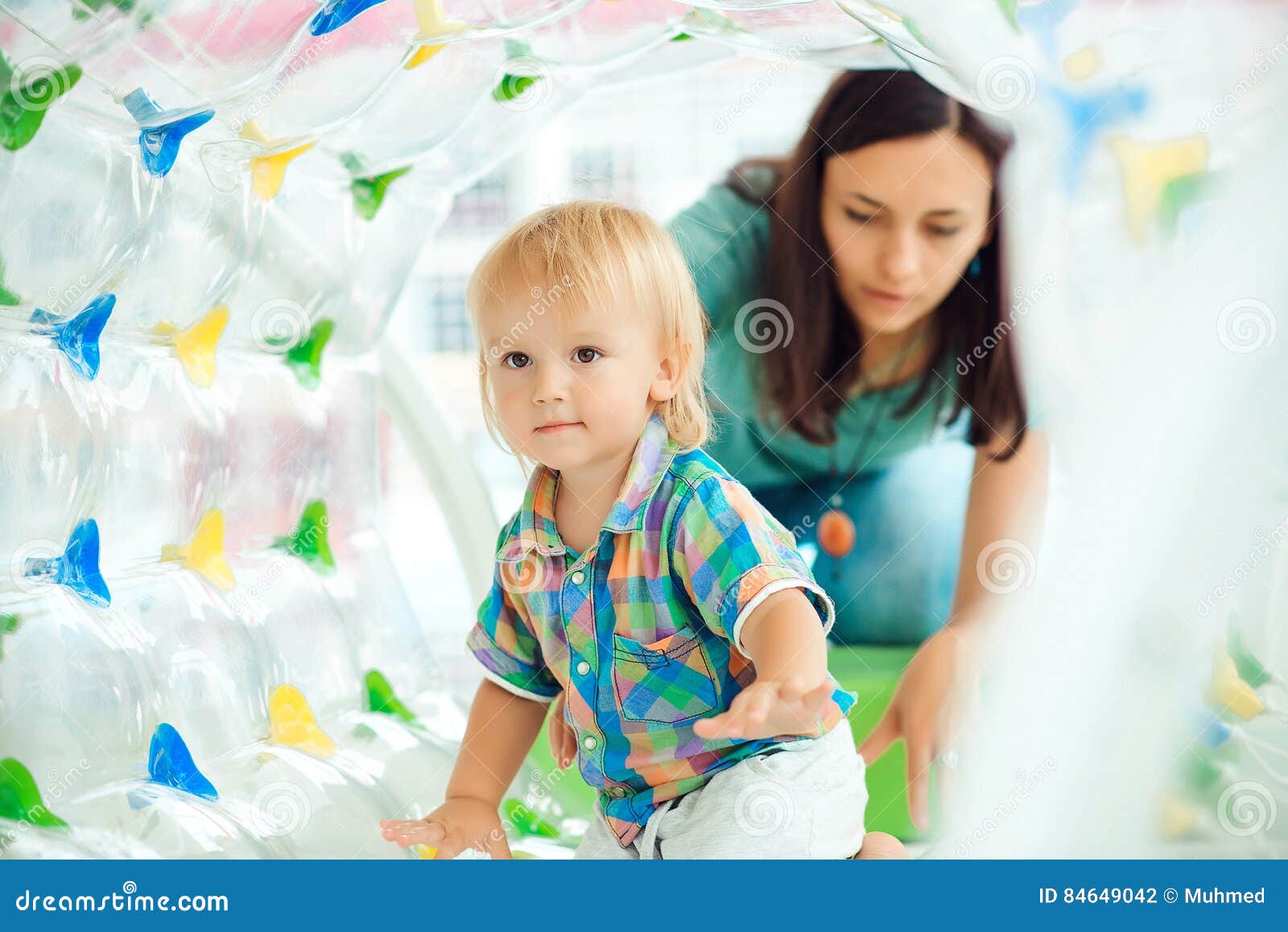 Cute Little Boy Playing with Mom on Playground . Stock Photo - Image of ...