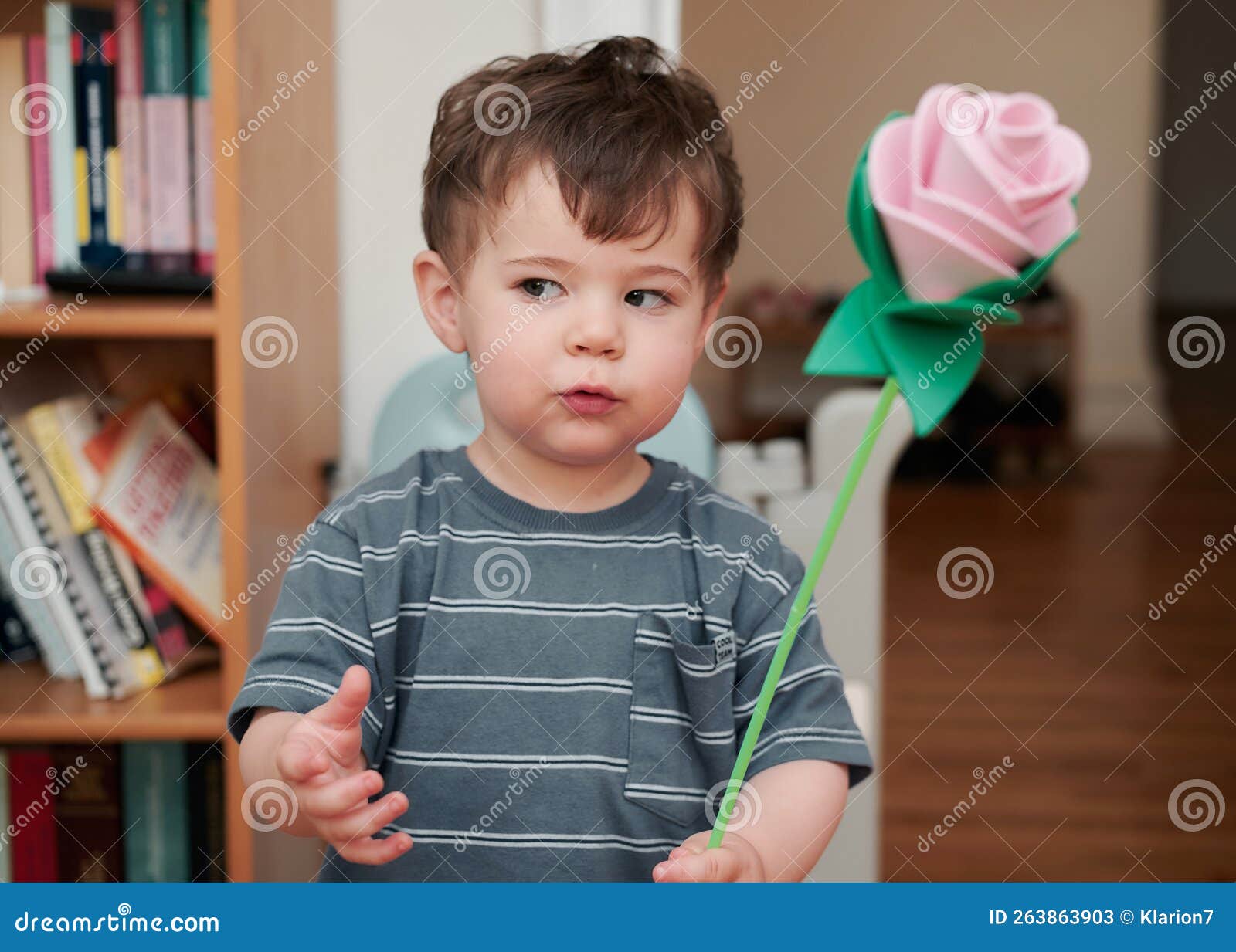 Cute Little Boy Playing with a Paper Rose Stock Image - Image of house ...