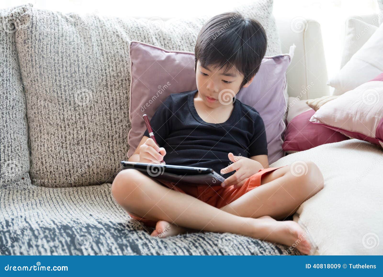 Cute Little Boy Playing Tablet Pc Stock Image - Image of male, home ...
