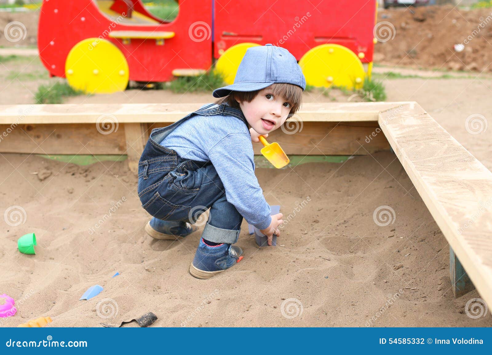 Cute Little Boy Plays in Sandpit Stock Photo - Image of portrait, years ...