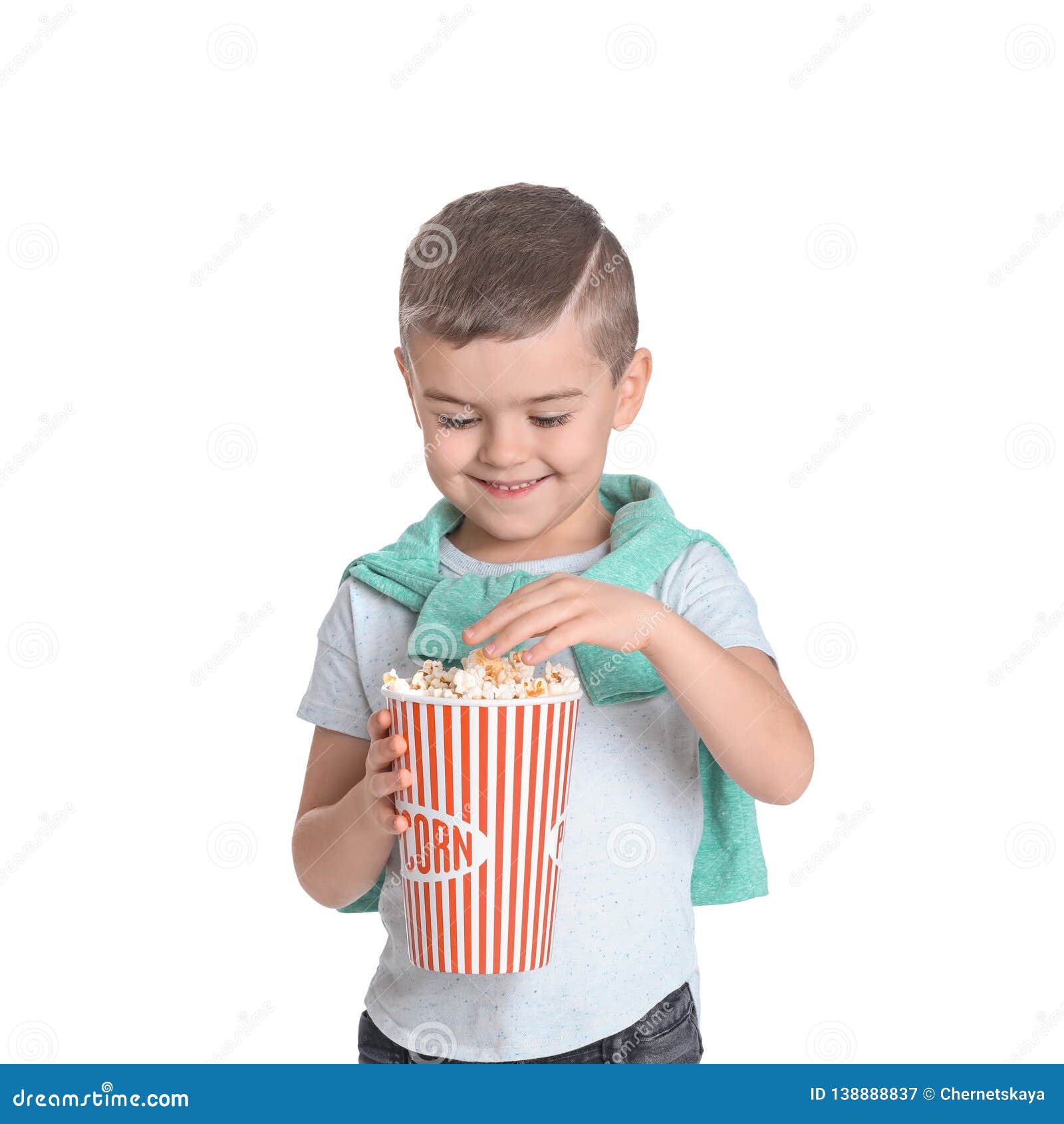 Cute Little Boy with Popcorn on White Stock Image - Image of food, show ...
