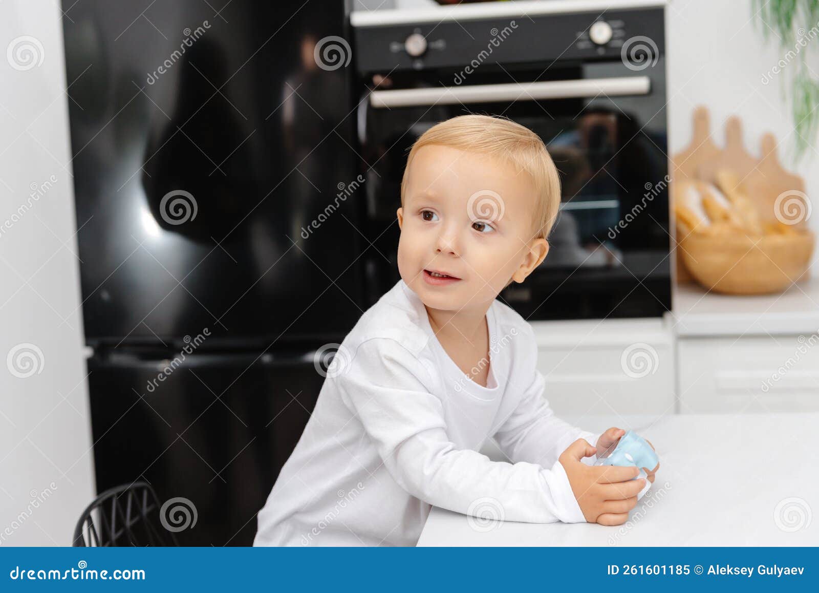 A Cute Little Boy. Portrait of a Child in the Kitchen Stock Image ...