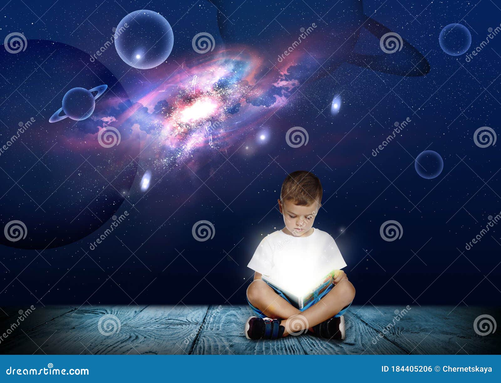 Cute Little Boy Reading Magic Book. Night Sky with Stars and Planets ...