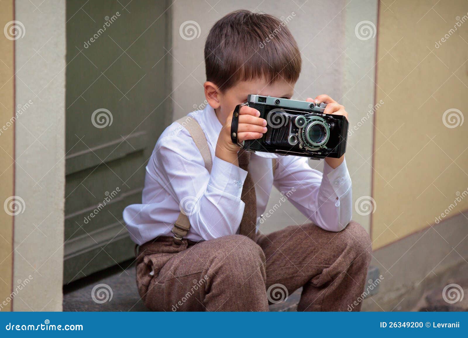 Cute Little Boy with Retro Camera Outdoors Stock Photo - Image of ...
