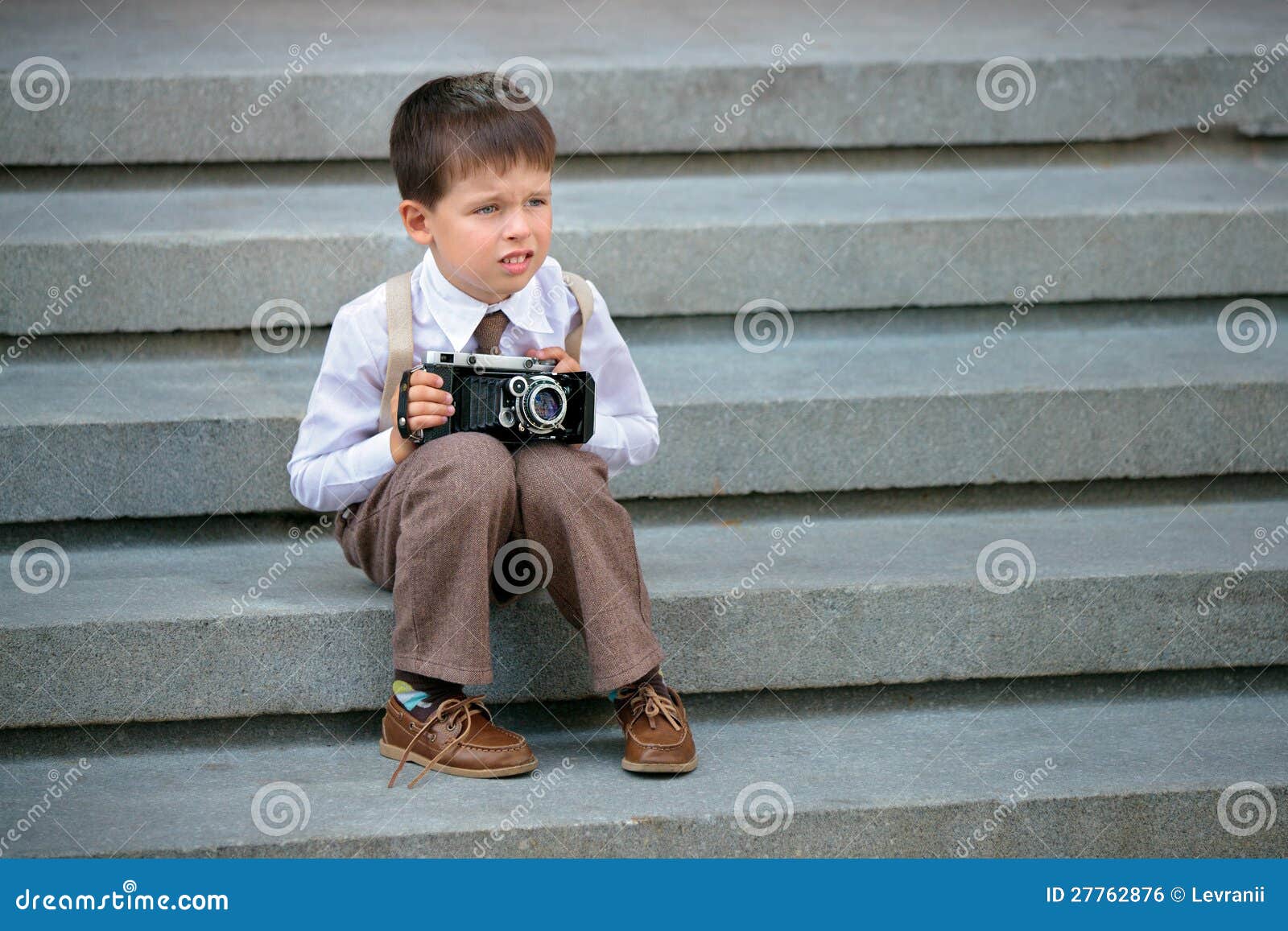 Cute Little Boy with Retro Camera Outdoors Stock Photo - Image of ...