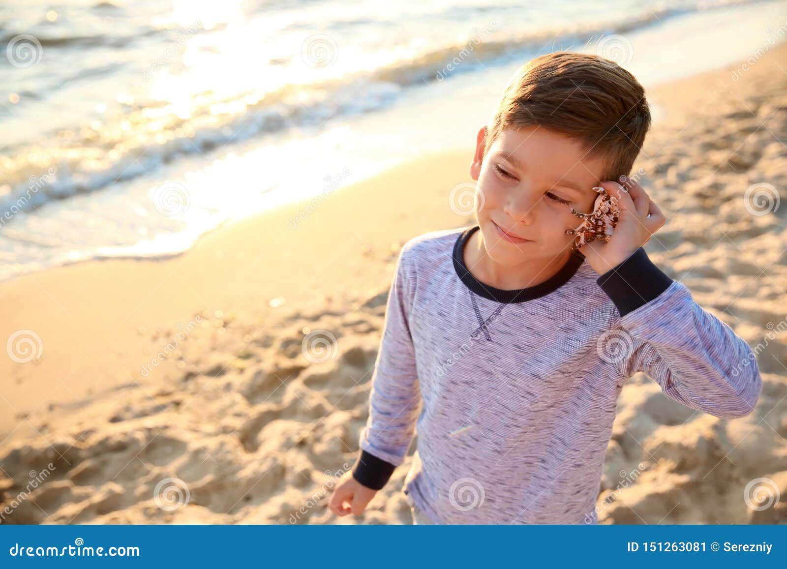 Cute Little Boy with Sea Shell on Beach Stock Image - Image of rest ...