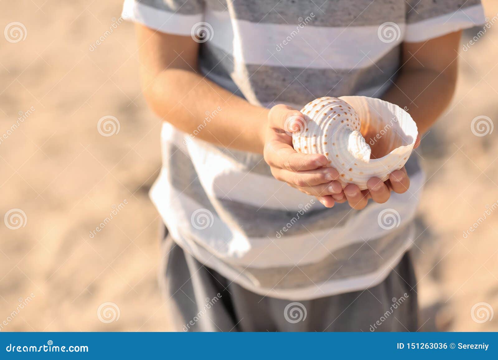 Cute Little Boy with Shell on Sea Beach, Closeup Stock Photo - Image of ...