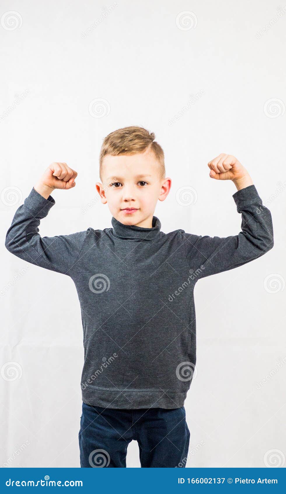 Cute Little Boy Shows Strength. on a White Background Stock Image ...