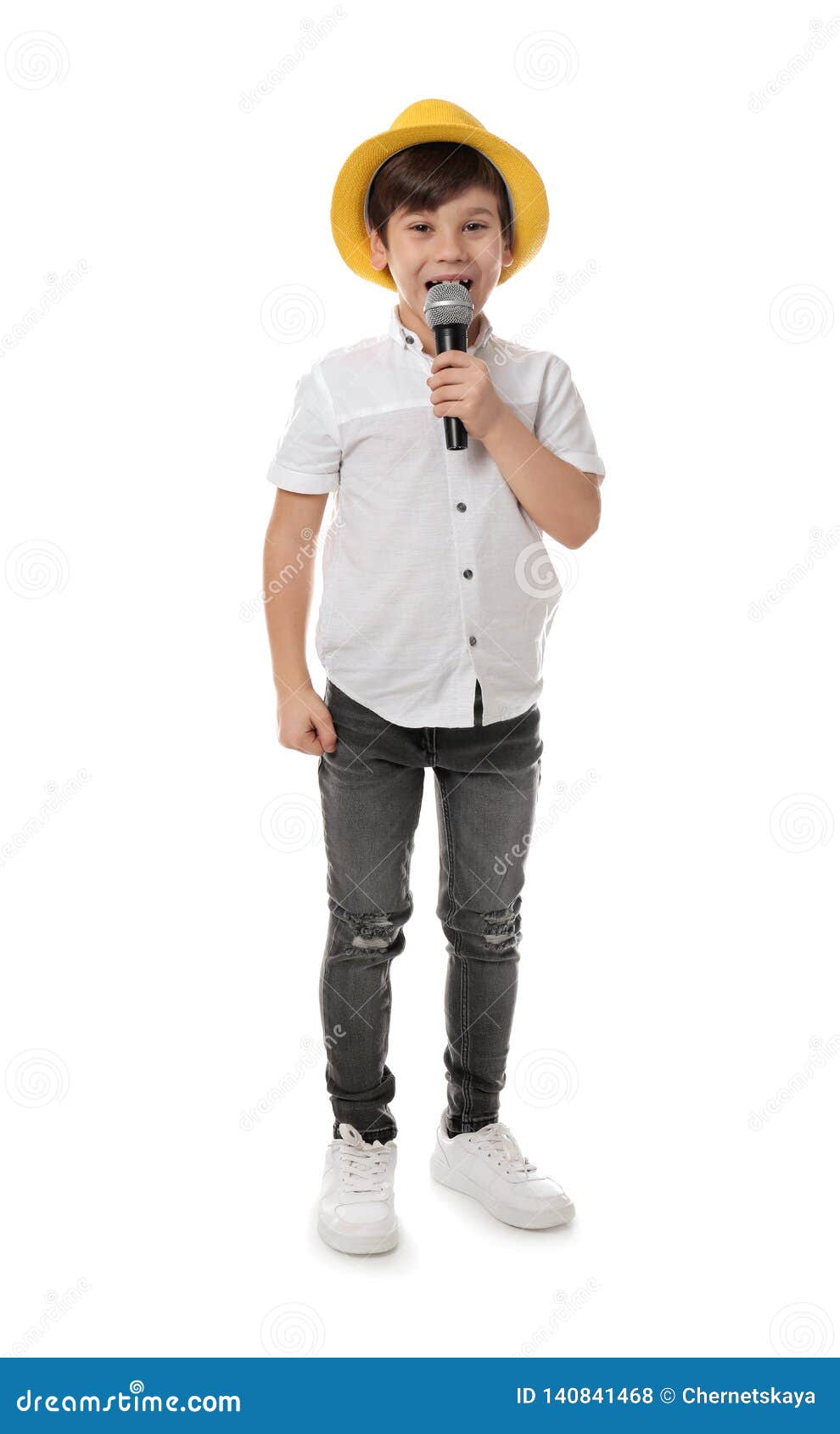 Cute Little Boy Singing into Microphone Stock Photo - Image of sing ...