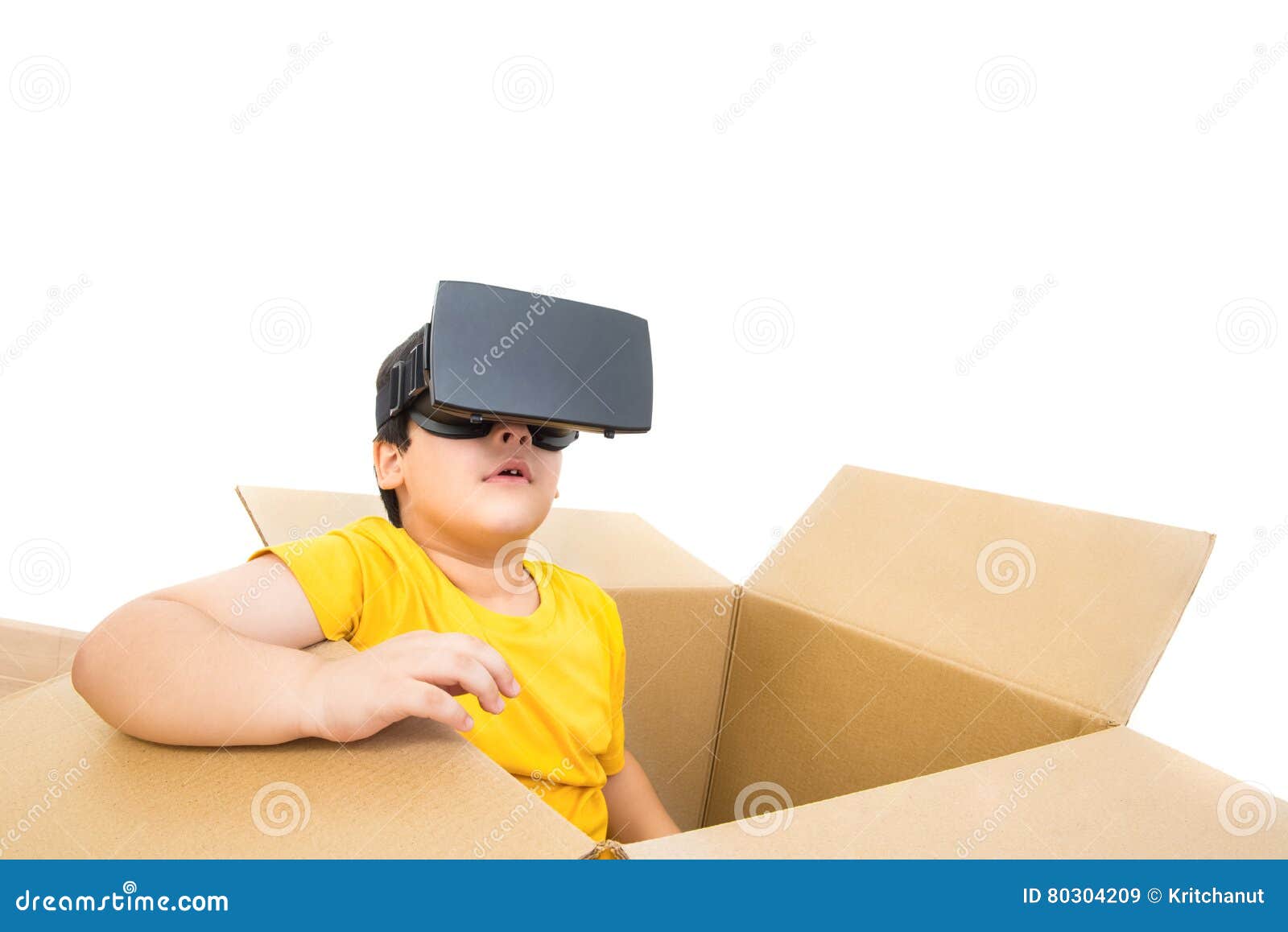 Cute Little Boy Sitting in the Box Watching Video on VR Glasses Stock ...