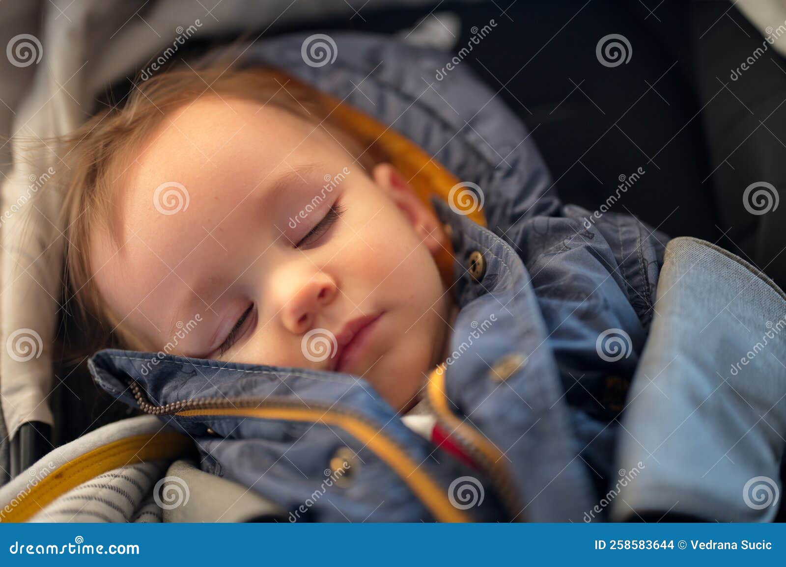 Cute Little Boy Sleeping in Stroller Stock Photo - Image of protection ...