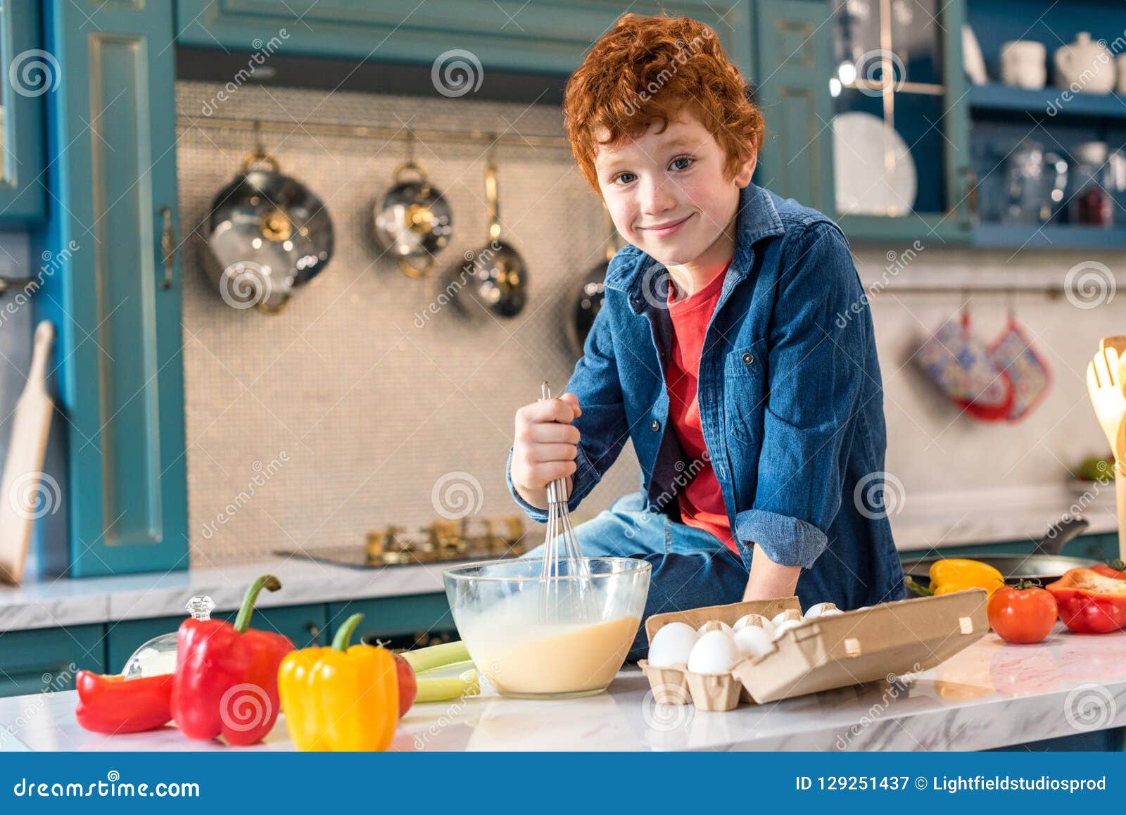 Cute Little Boy Smiling at Camera while Cooking Stock Image - Image of ...