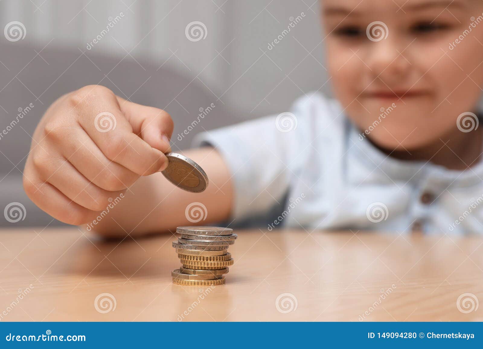 Cute Little Boy Stacking Coins at Home Stock Photo - Image of bank ...