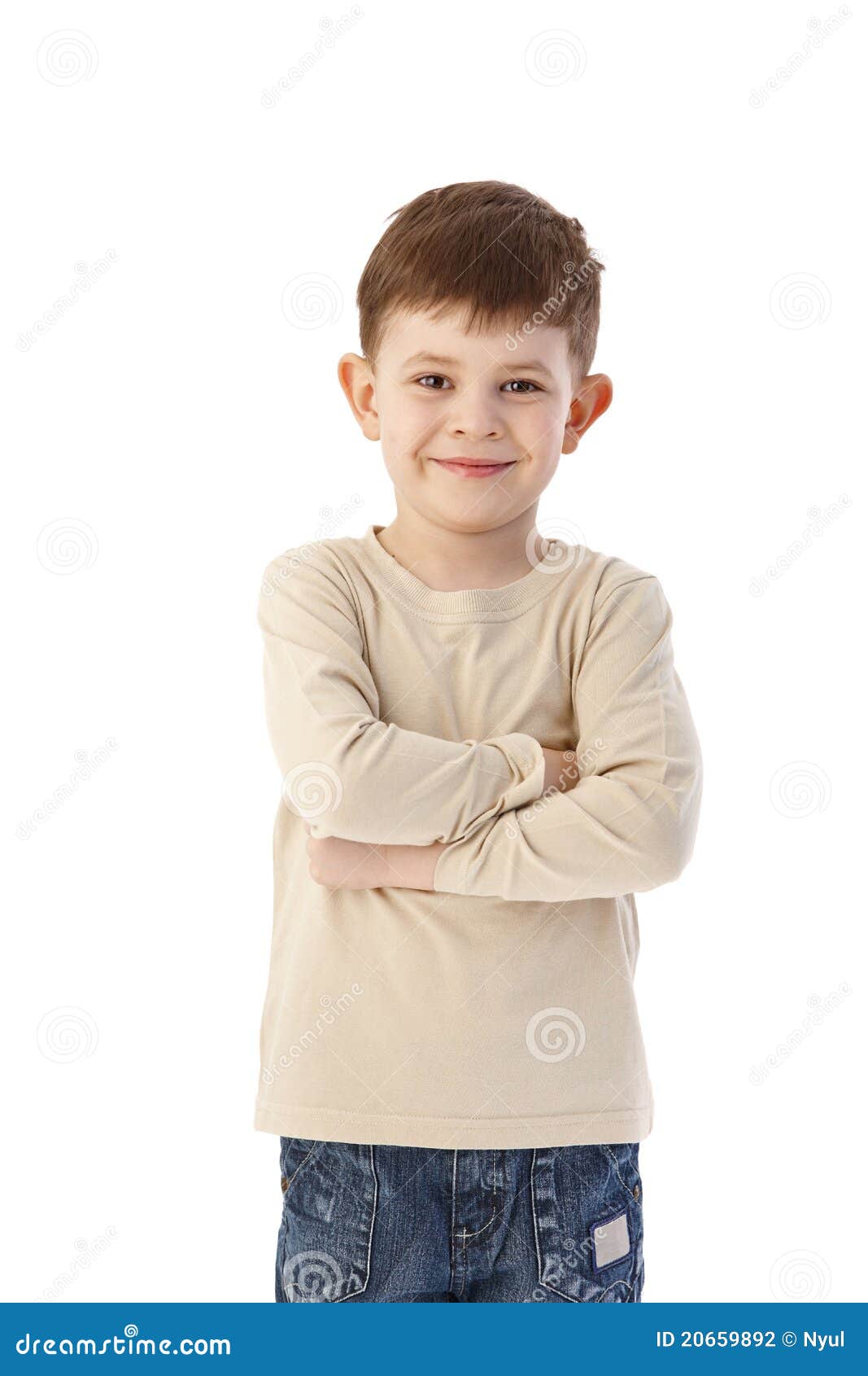 Cute Little Boy Standing Arms Crossed Smiling Stock Photo - Image of ...