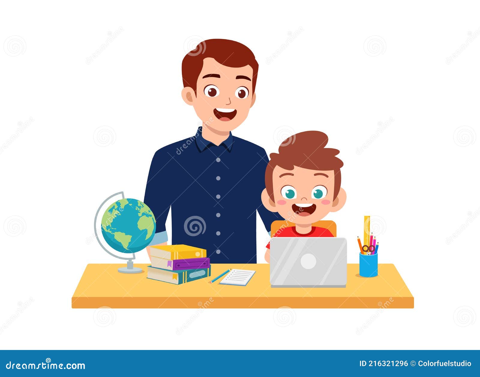 Cute Little Boy Study with Father at Home Together Stock Vector ...