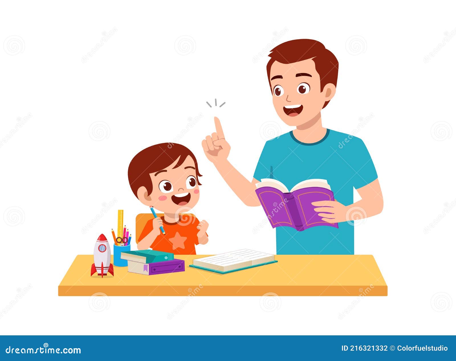 Cute Little Boy Study with Father at Home Together Stock Vector ...