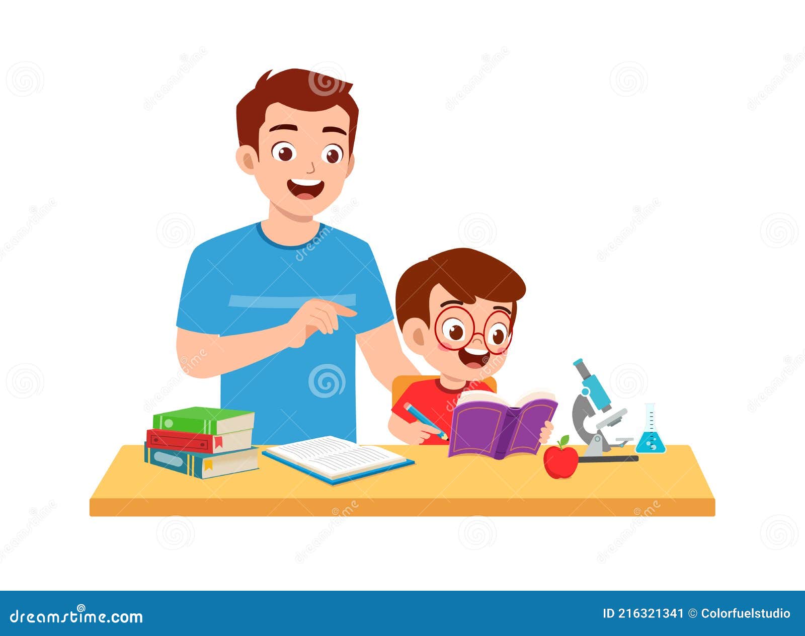 Cute Little Boy Study with Father at Home Together Stock Vector ...
