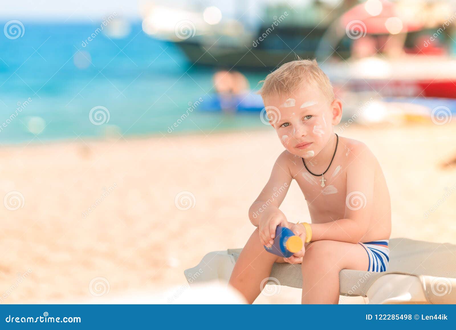 Cute Little Boy with Sunscreen on Stock Photo - Image of baby, skincare ...