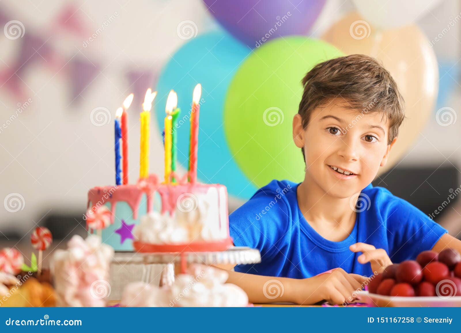 Cute Little Boy at Table with Birthday Cake Stock Photo - Image of cute ...