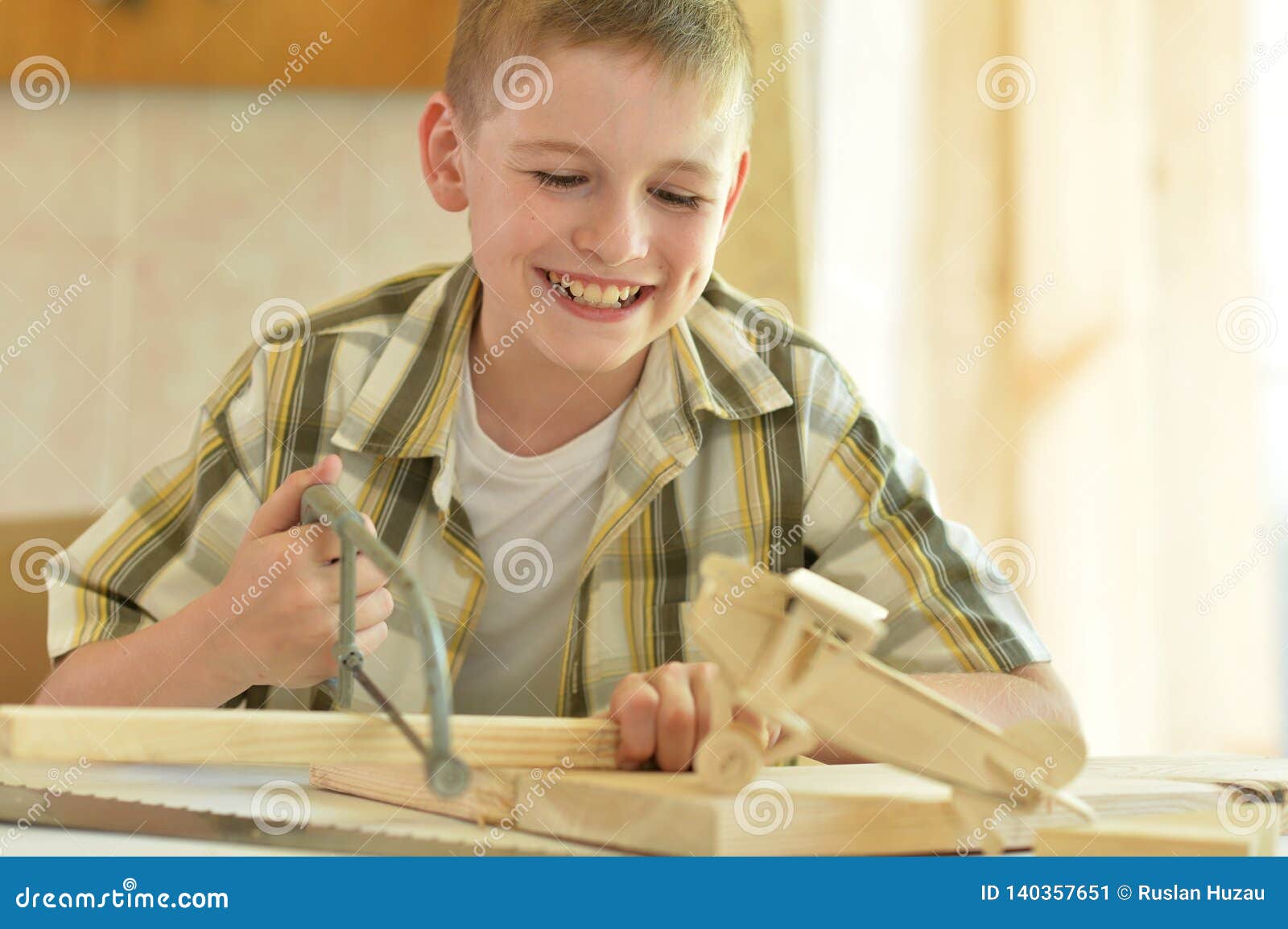 Portrait of Cute Little Boy Working with Wood in Workshop Stock Image ...