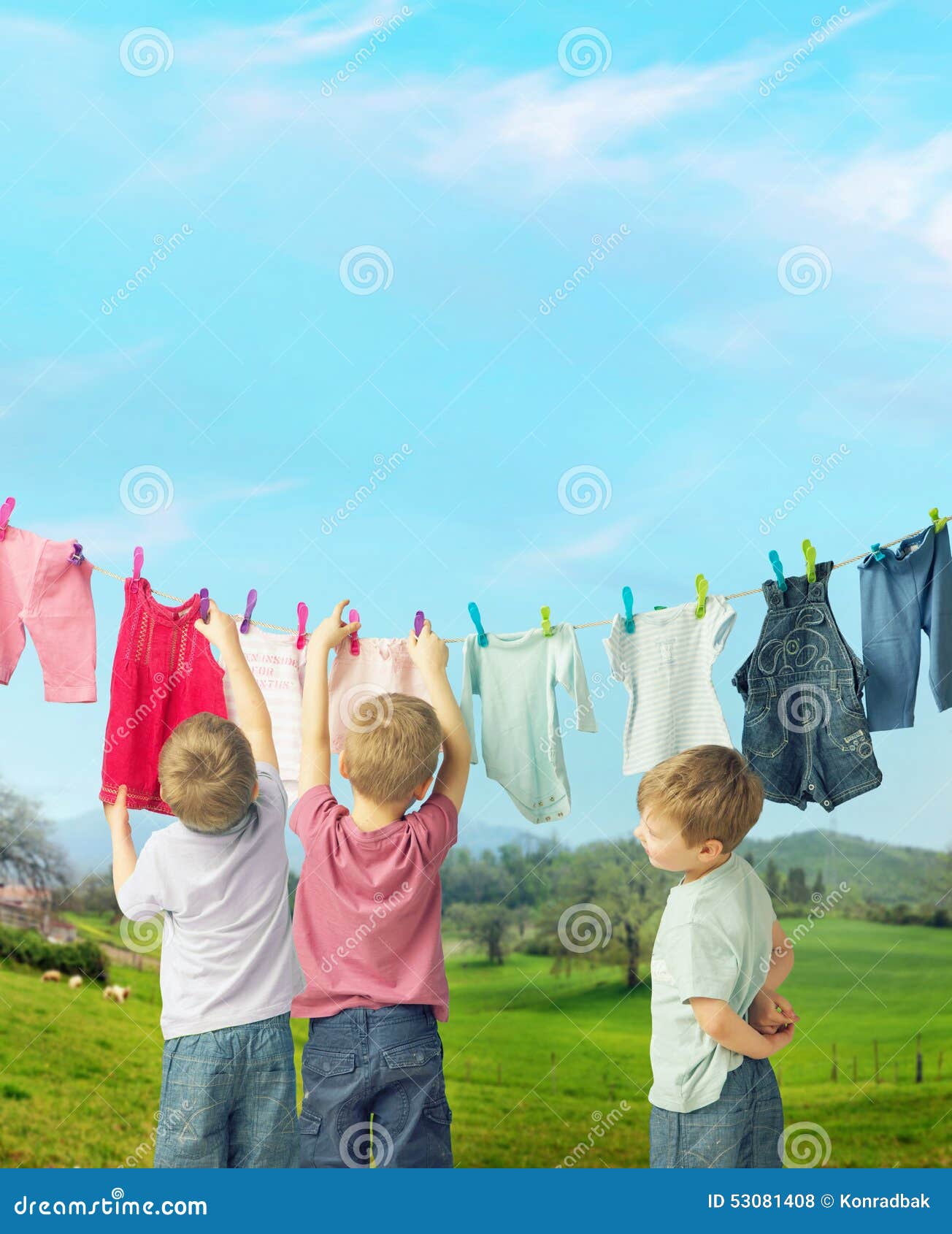 Cute Little Boys Doing the Laundry Stock Photo - Image of green, rope ...