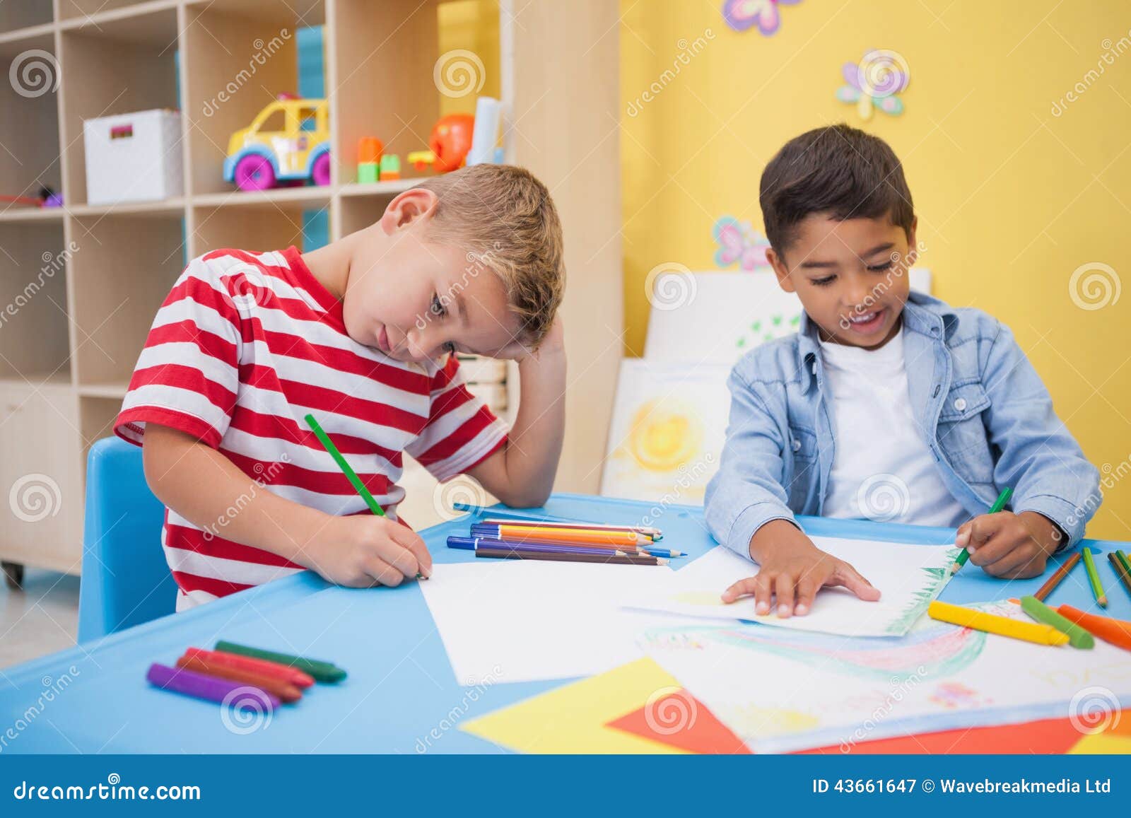Cute Little Boys Drawing at Desk Stock Image - Image of child ...