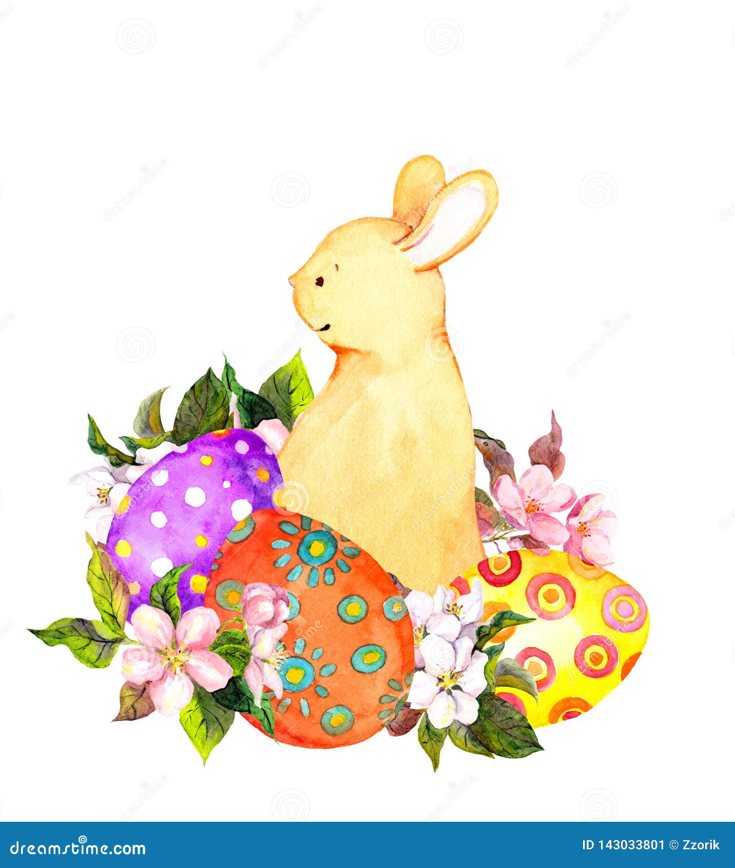 Cute Little Bunny with Easter Colored Eggs in Spring Flowers ...