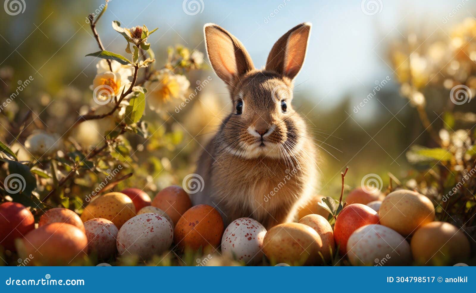 Cute Little Bunny and Easter Eggs in Grass on Sunny Spring Day ...