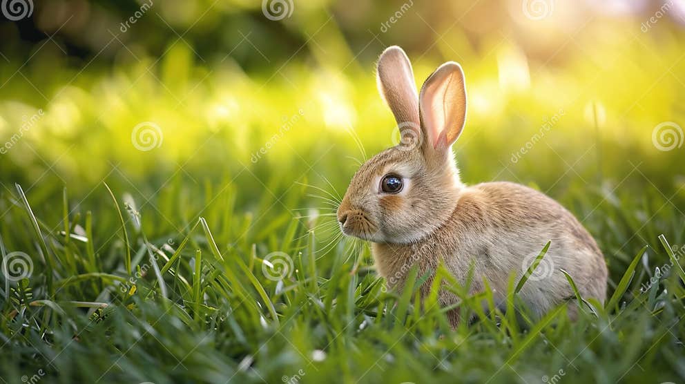 Cute Little Bunny In Grass With Ears Up Looking Away Generative Ai Stock Image Image Of