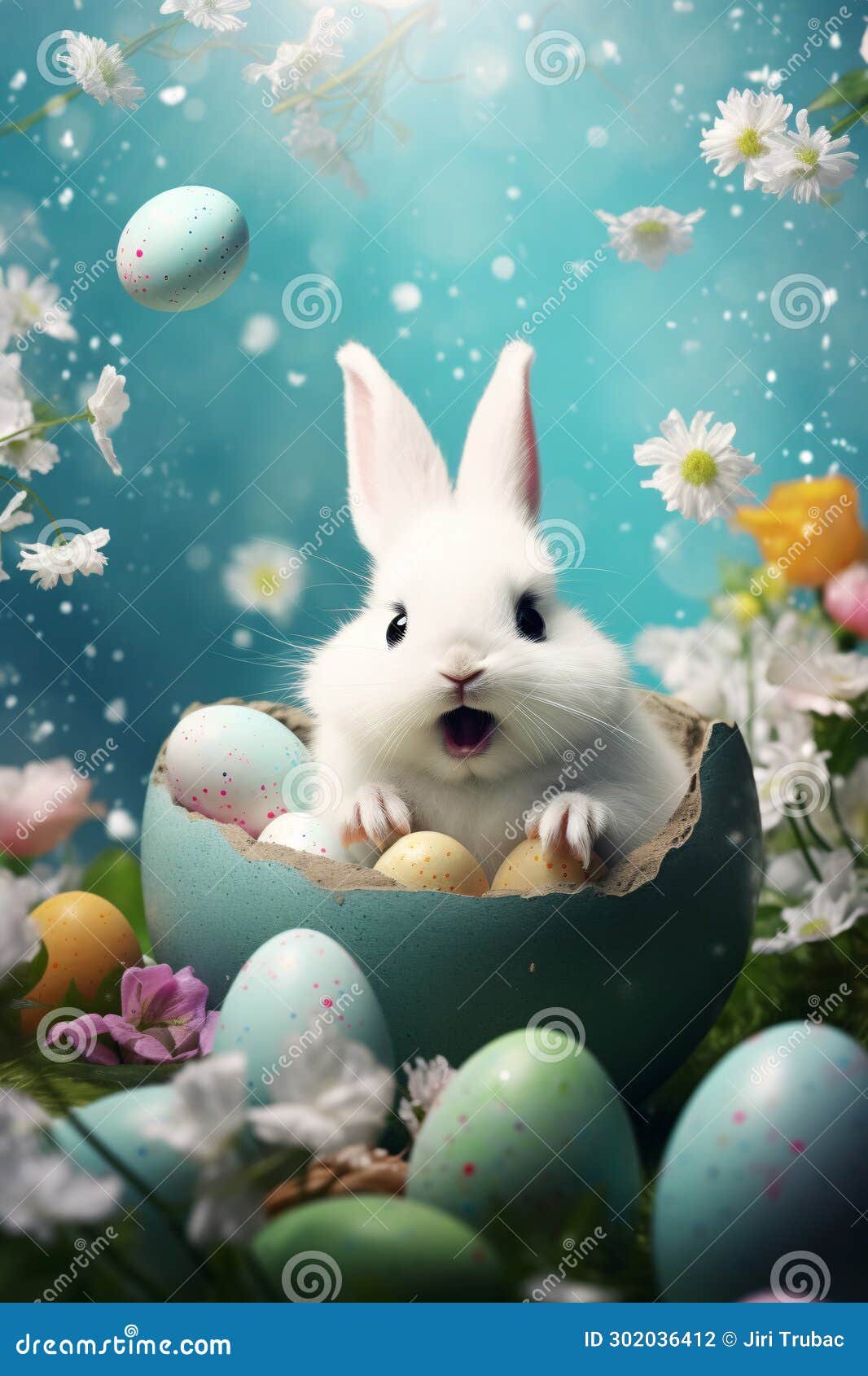 A Cute Little Bunny is Hidden Together with Easter Eggs Stock ...