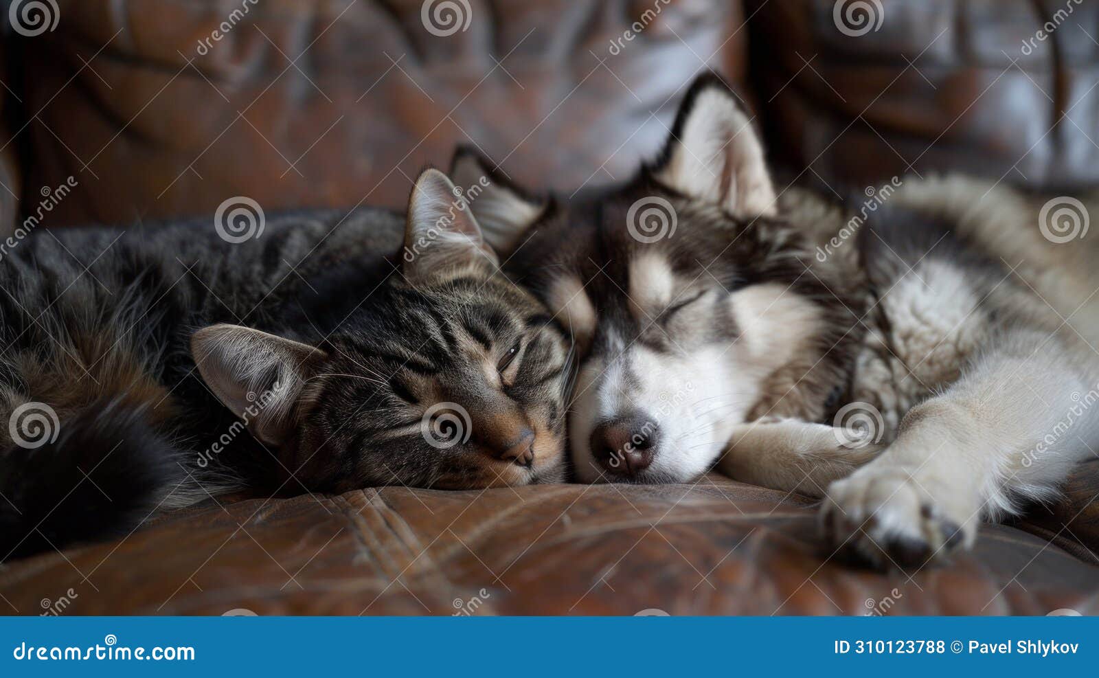 Cute Little Cat and Dog in Bed at Home. Stock Photo - Image of domestic ...