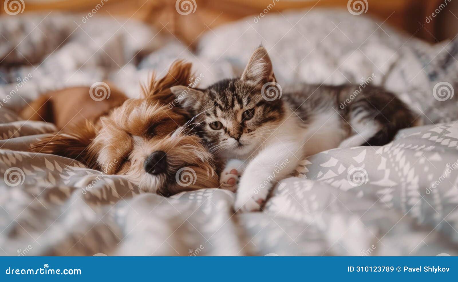 Cute Little Cat and Dog in Bed at Home. Stock Image - Image of portrait ...