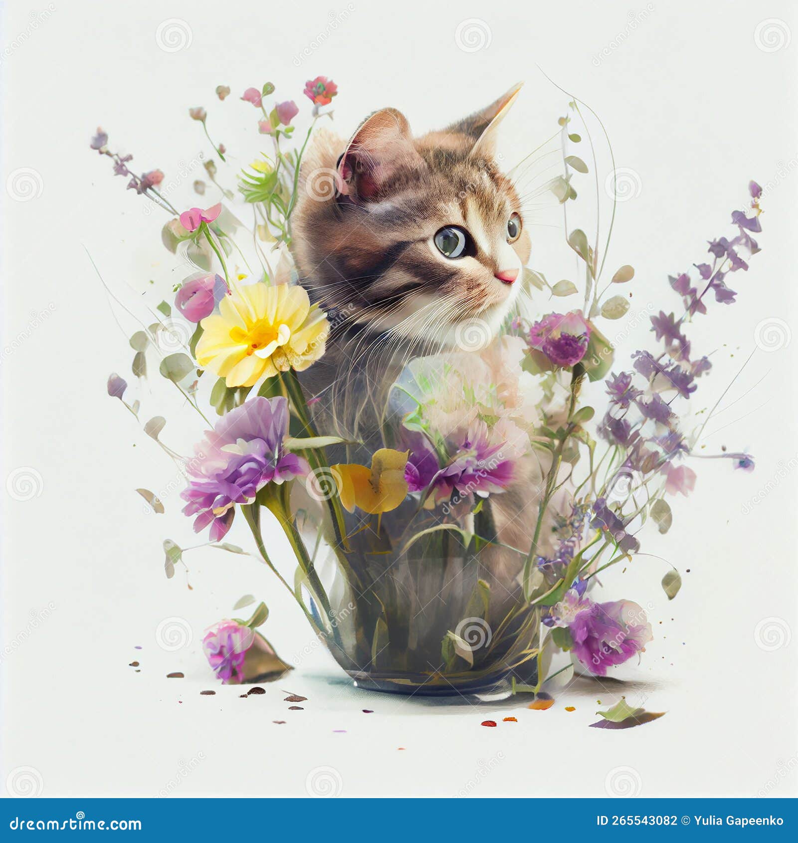 Cute Little Cat with Spring Flower Bouquet. Generative AI Stock ...