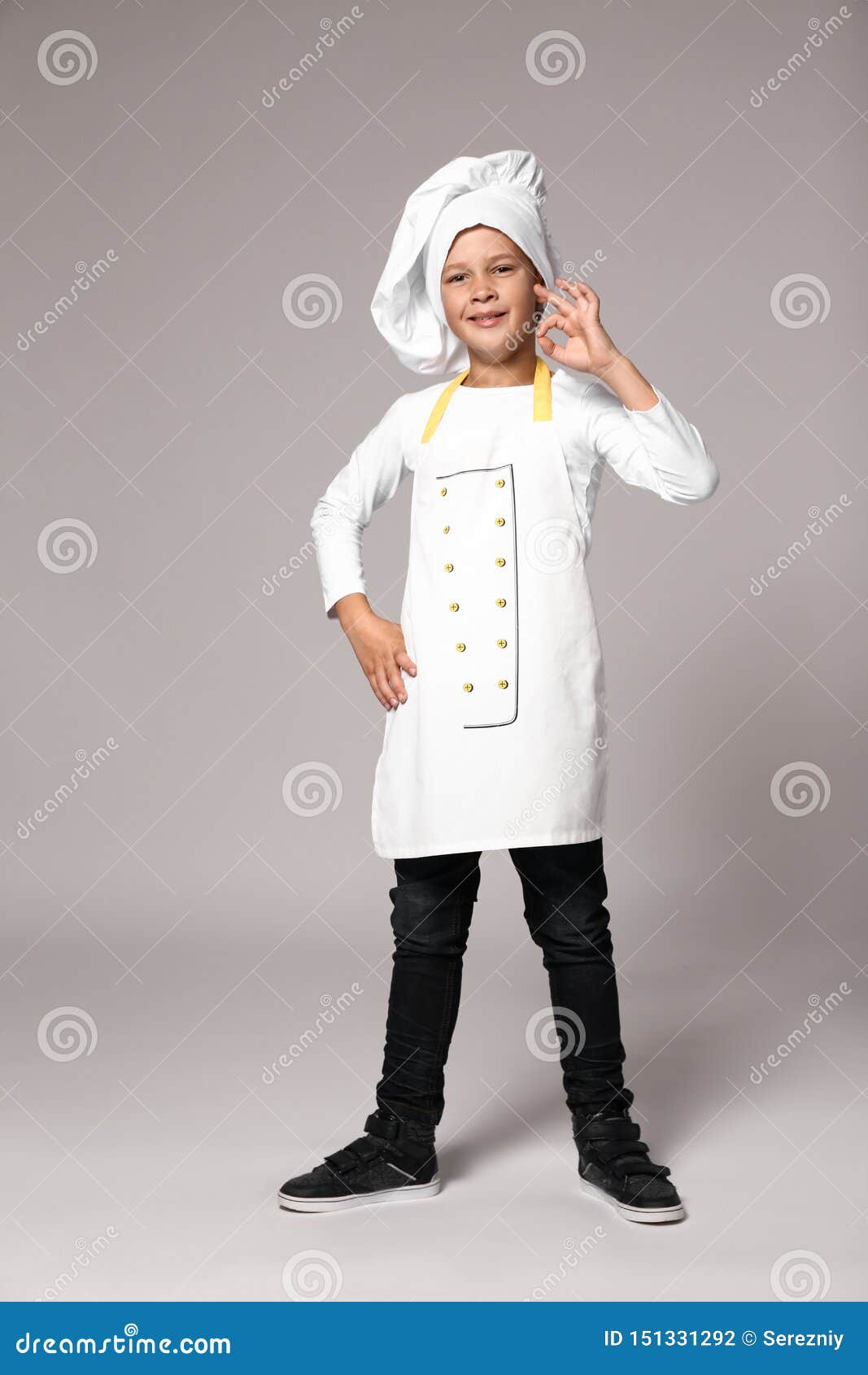 Cute Little Chef on Grey Background Stock Photo - Image of business ...