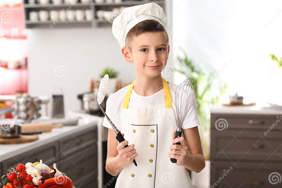 Cute Little Chef with Utensils in Kitchen Stock Image - Image of ...