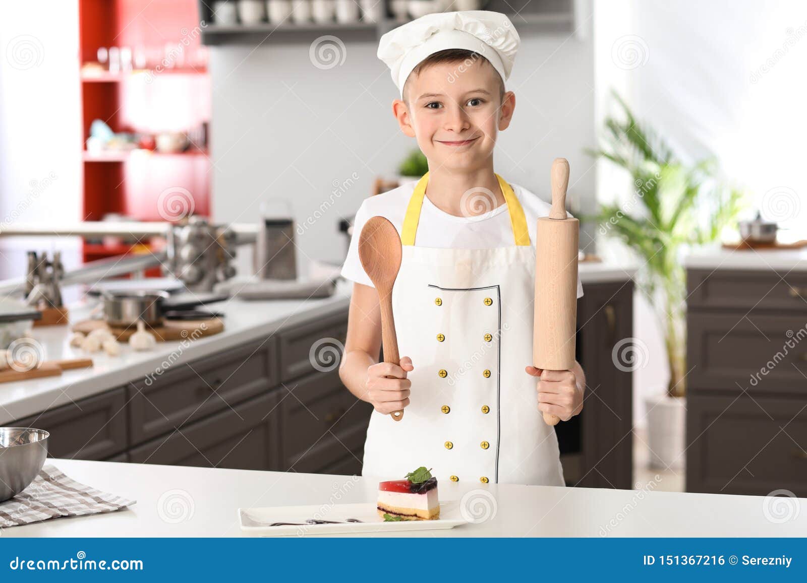 Cute Little Chef with Utensils in Kitchen Stock Photo - Image of cafe ...
