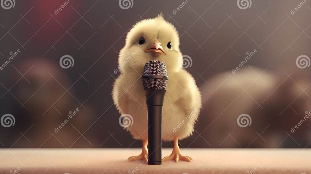 Cute Little Chicken Singing with Microphone on Stage, 3d Render Stock ...