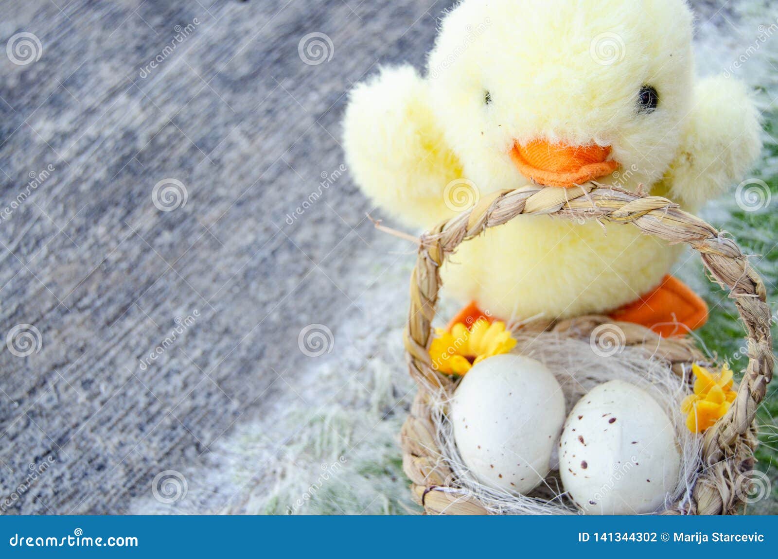 Cute Little Chicken Toy and Basket with Two Easter Eggs on the Stone ...