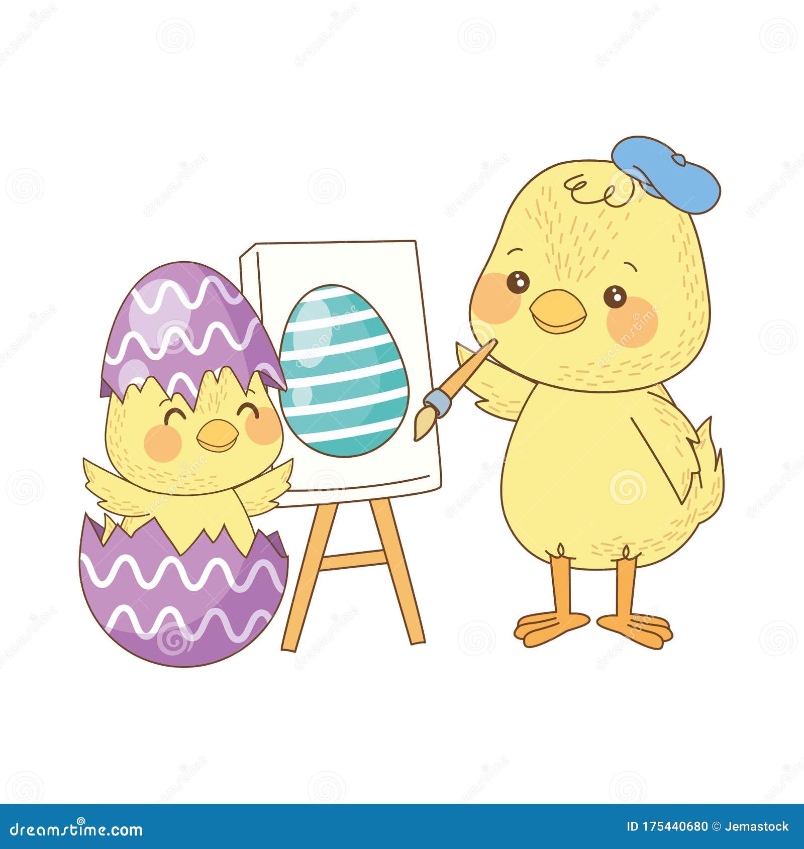 Cute Little Chicks Painting Egg Easter Characters Stock Vector ...