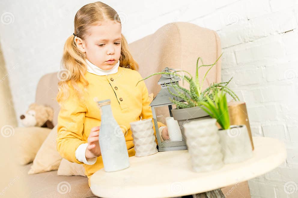 Cute Little Child Arranging Objects on Table Stock Photo - Image of ...