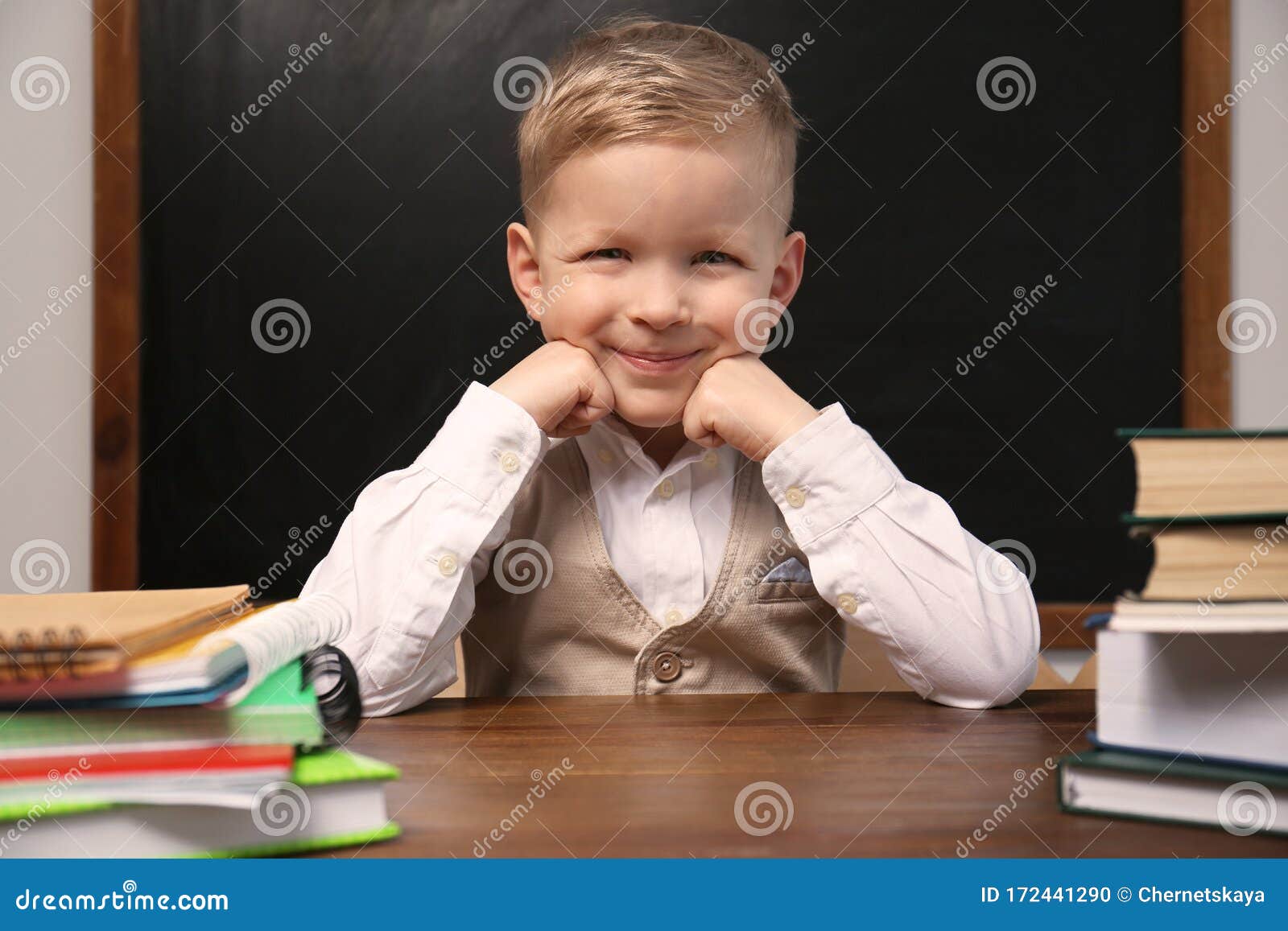 Cute Little Child at Desk. First Time at School Stock Photo - Image of ...