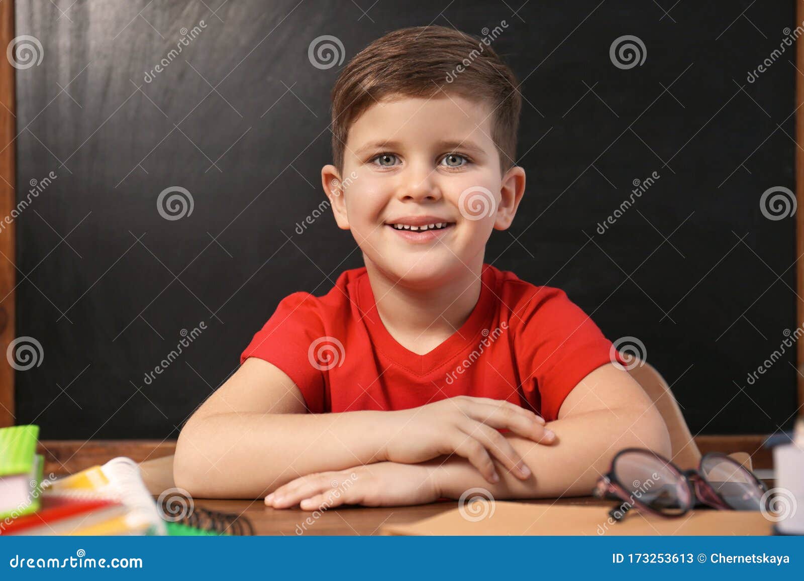 Cute Little Child at Desk. First Time at School Stock Image - Image of ...