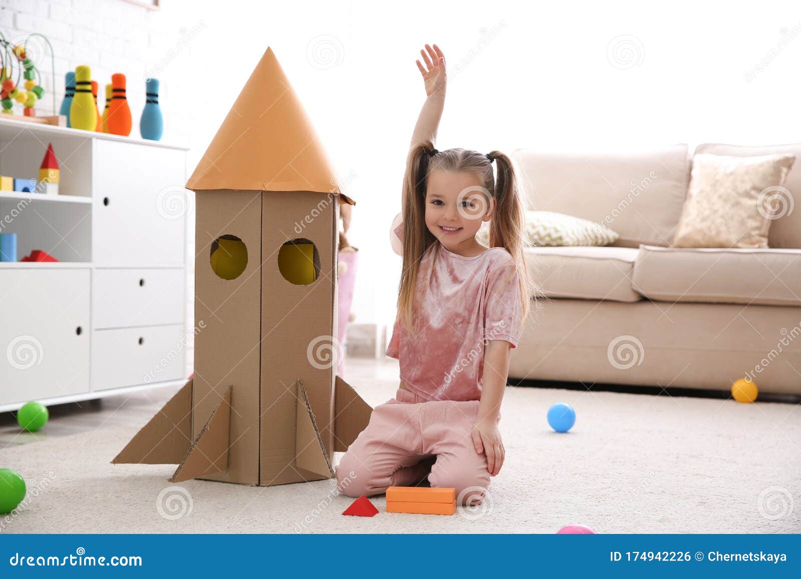 Cute Little Child Playing with Cardboard Rocket Stock Photo - Image of ...