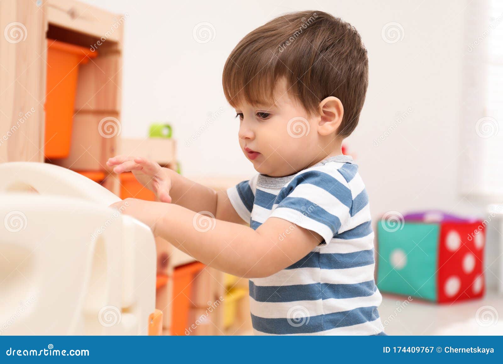 Cute Little Child Playing in Modern Playpen Stock Image - Image of ...