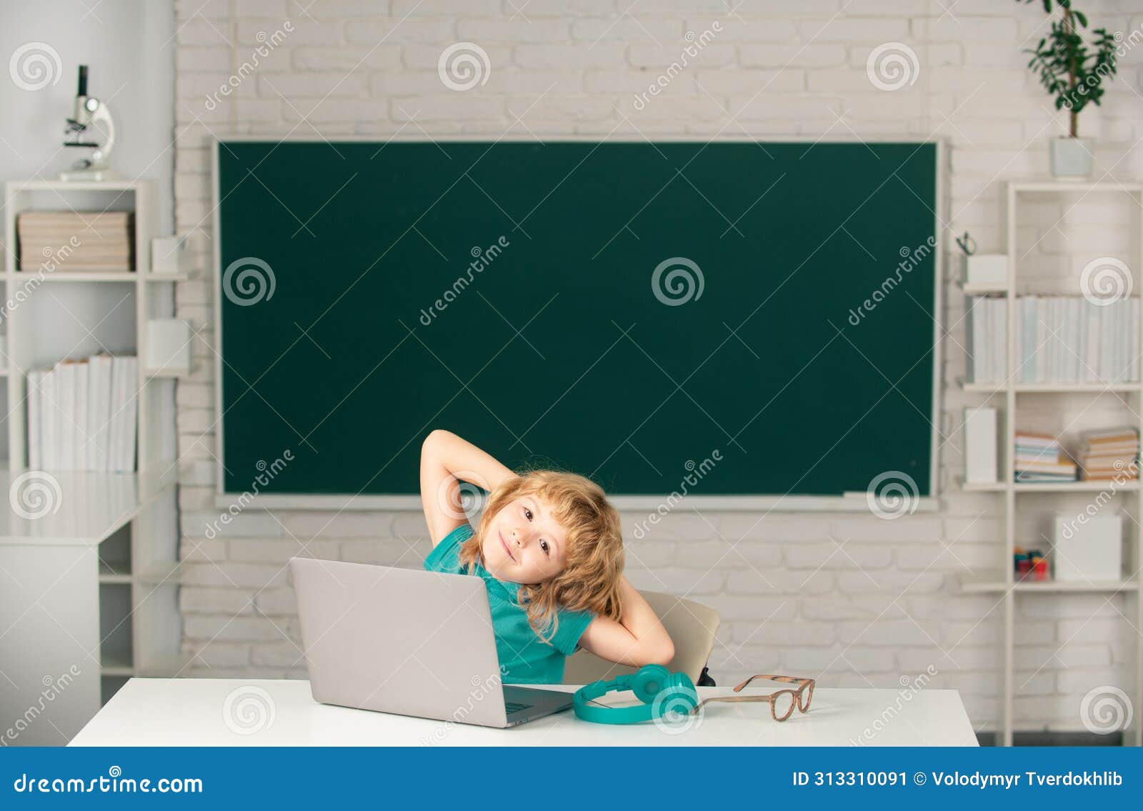 Cute Little Child Using Laptop Computer, Kid Boy Studying through ...