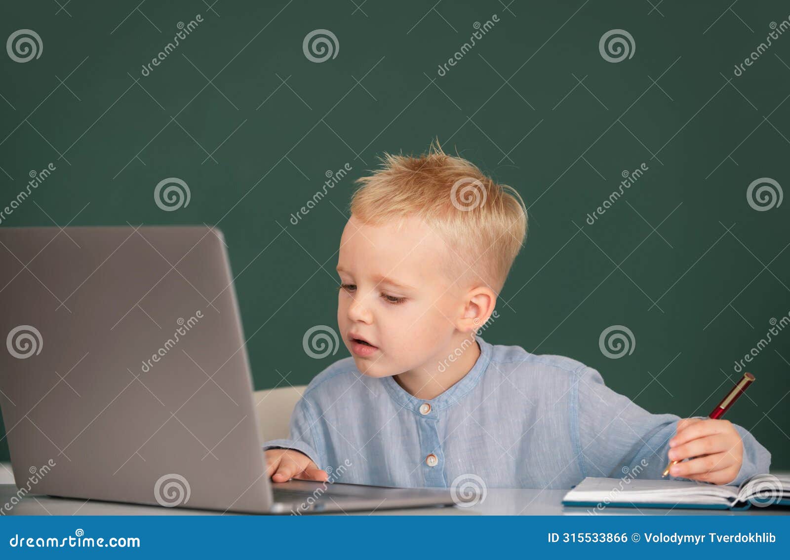 Cute Little Child Using Laptop Computer, Kid Boy Studying through ...