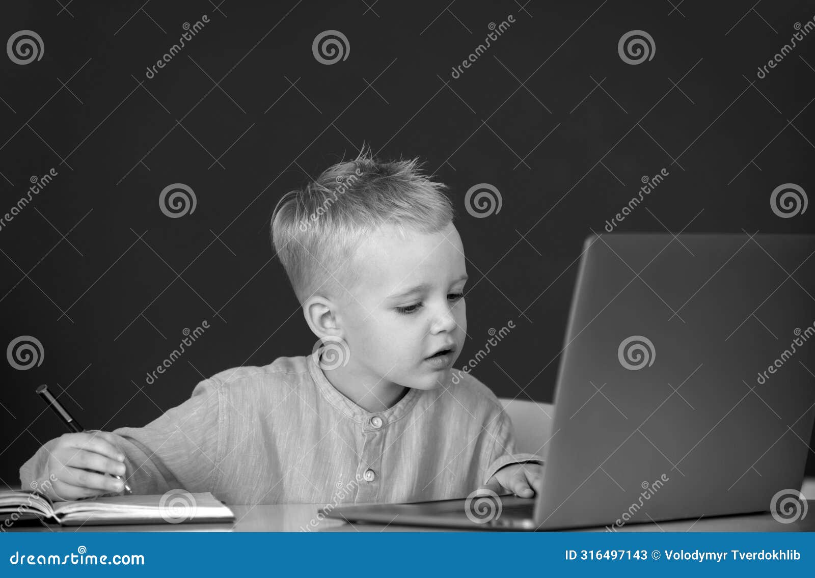 Cute Little Child Using Laptop Computer, Kid Boy Studying through ...
